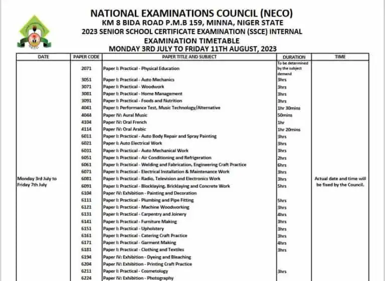 NECO Timetable 2023 June/July SSCE is Out [Pdf Download]