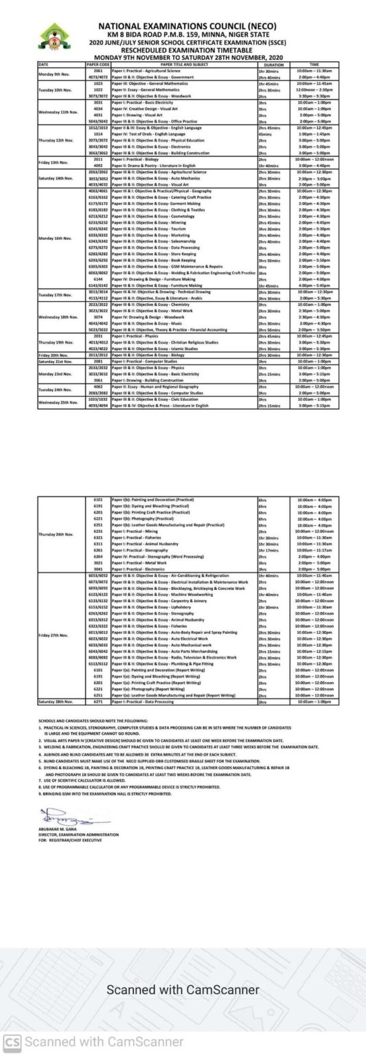 NECO Timetable 2020 NOVEMBER - New Download Pdf