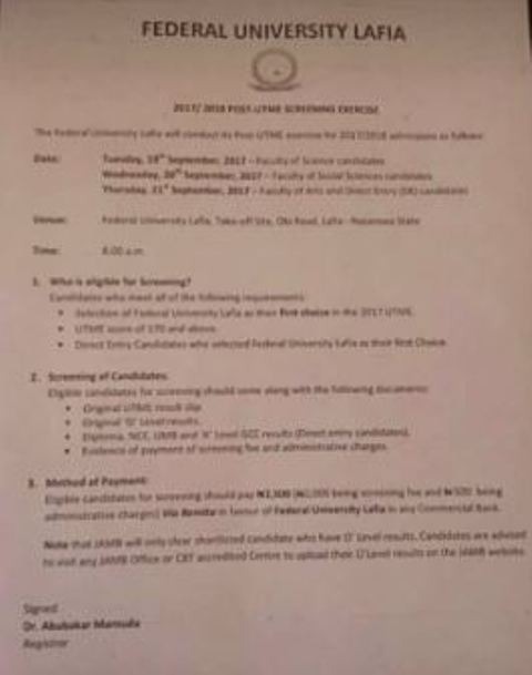 FULafia Post UTME 2019: Form, Cut off Mark & Screening Date is Out