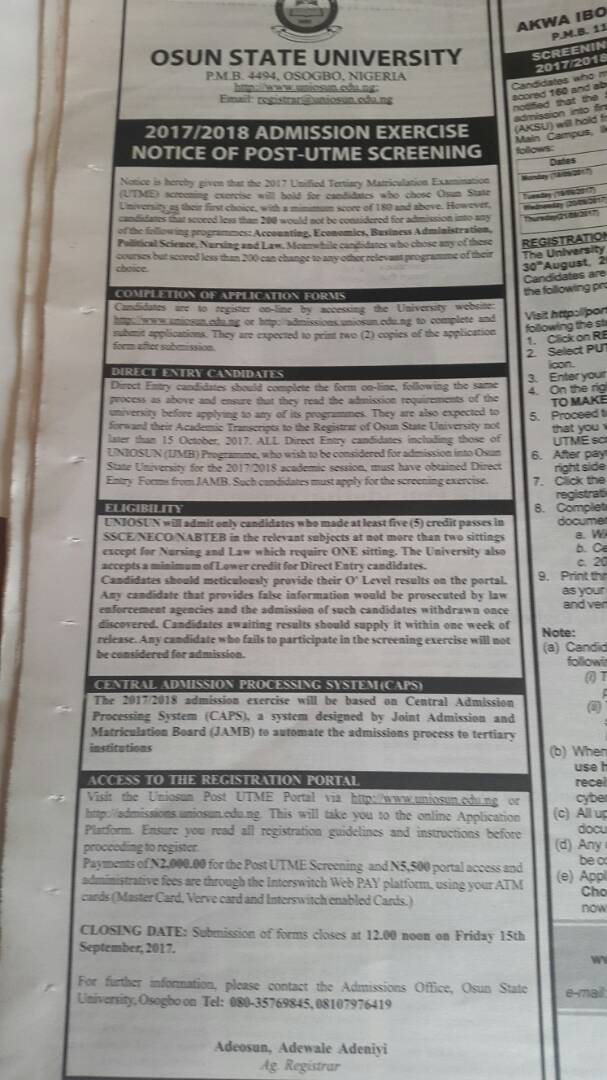 UNIOSUN Post UTME 2019: Form, Cut off Mark & Screening Date is Out