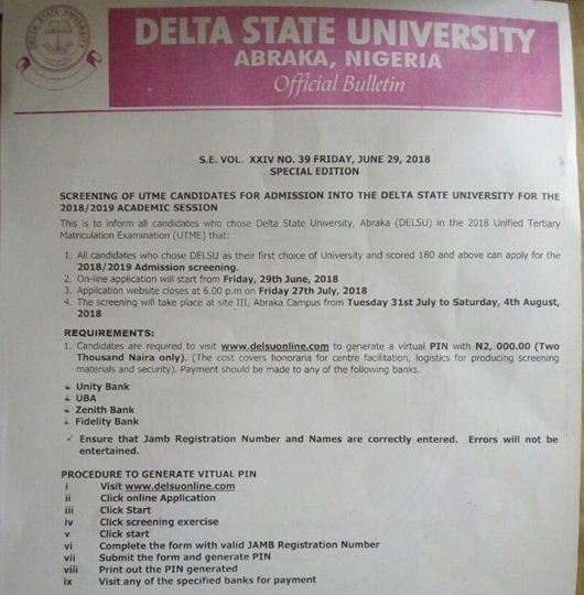 Delsu Portal for Printing Screening Slip 2018/19 Activated