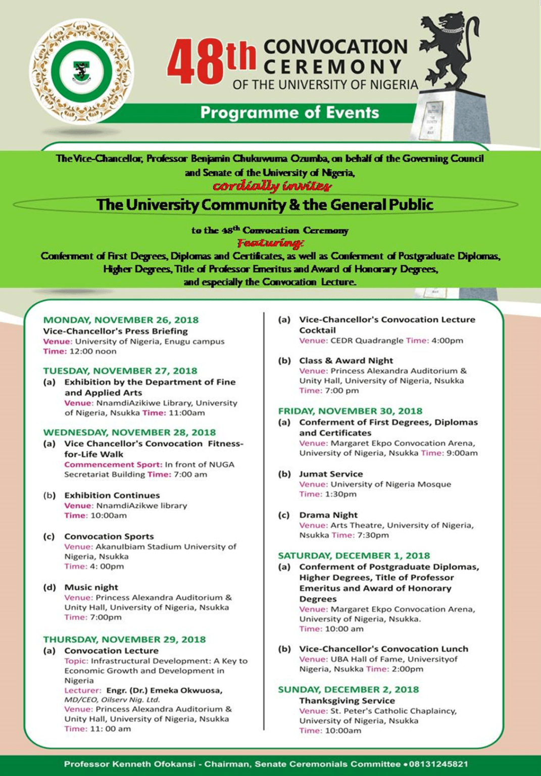 Events Schedule for UNN 48th Convocation Ceremony Released